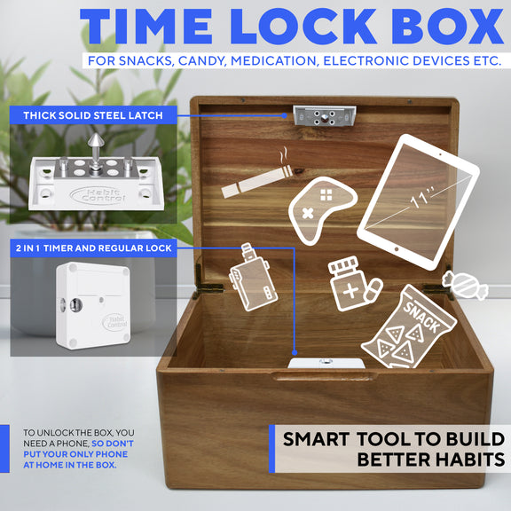 Timer Lock Box with App - Acacia Wood Safe Lockbox Large – Habit Control