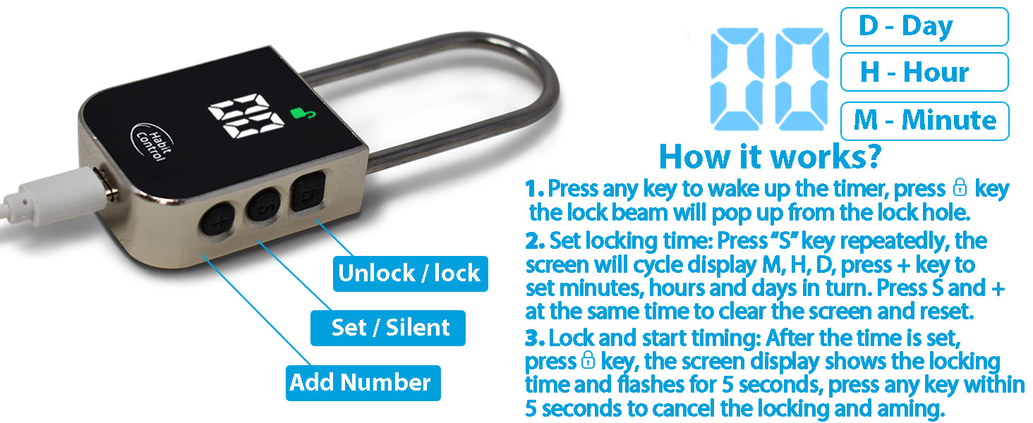 Time Lock, Lockable Timer Padlock, Timed Locker with Steel Cable – Habit Control