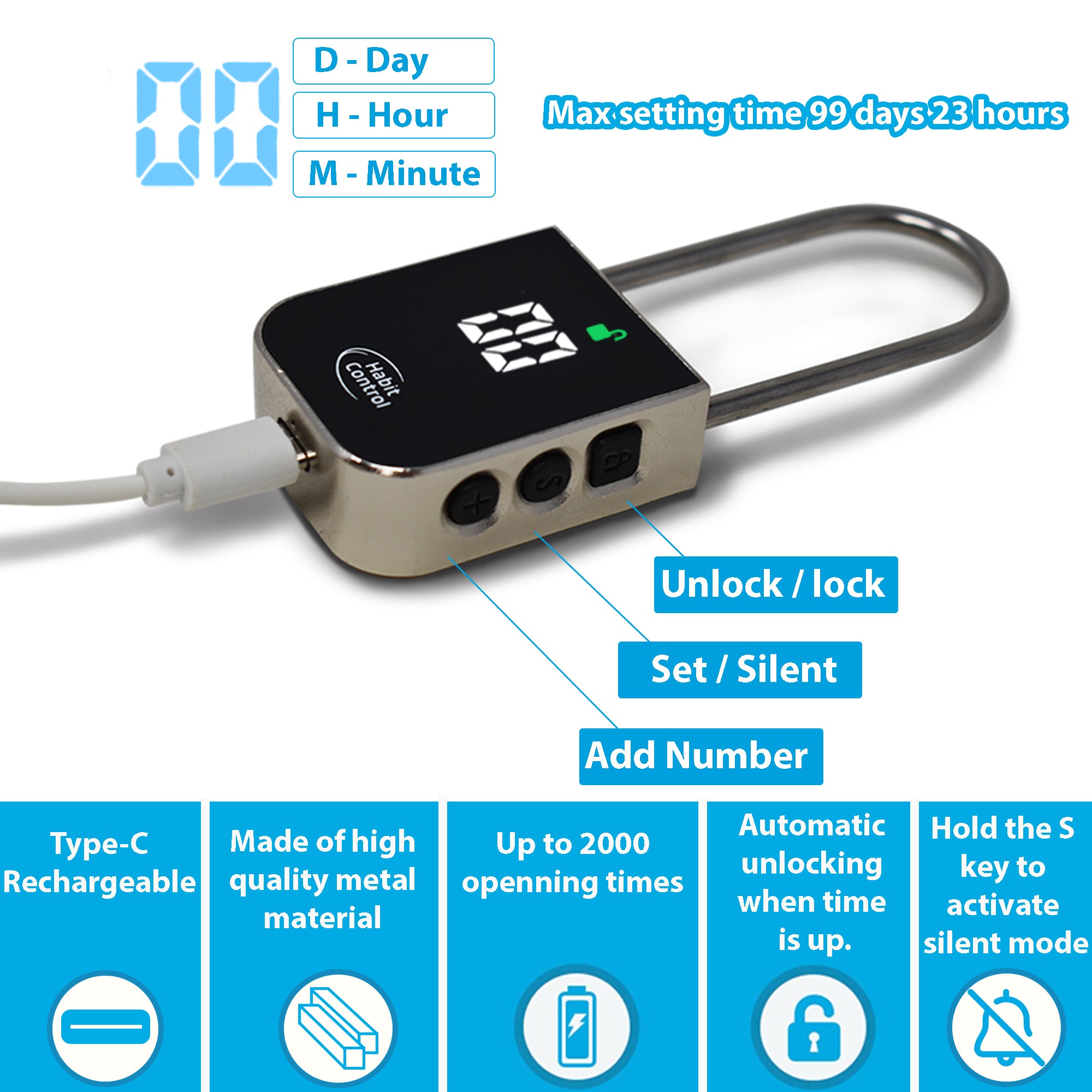 Time Lock, Lockable Timer Padlock, Timed Locker with Steel Cable – Habit Control